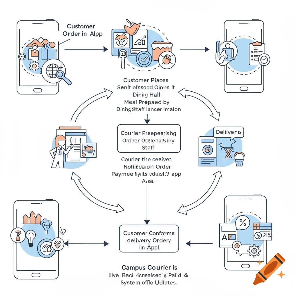 Creative flowchart illustrating order process from customer placement to payment on Craiyon