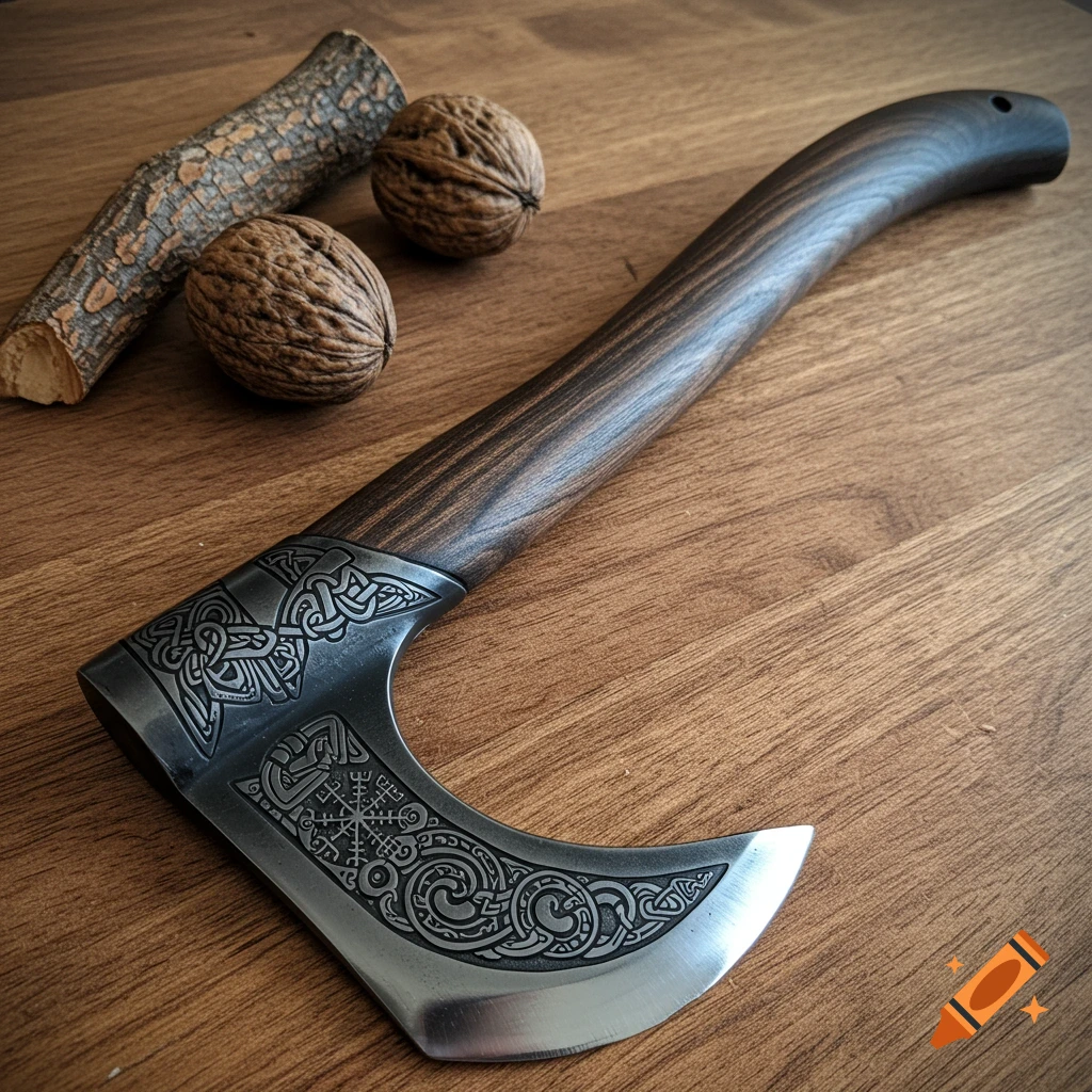 Close-up photo of a handaxe with a wooden handle and intricate Norse ...