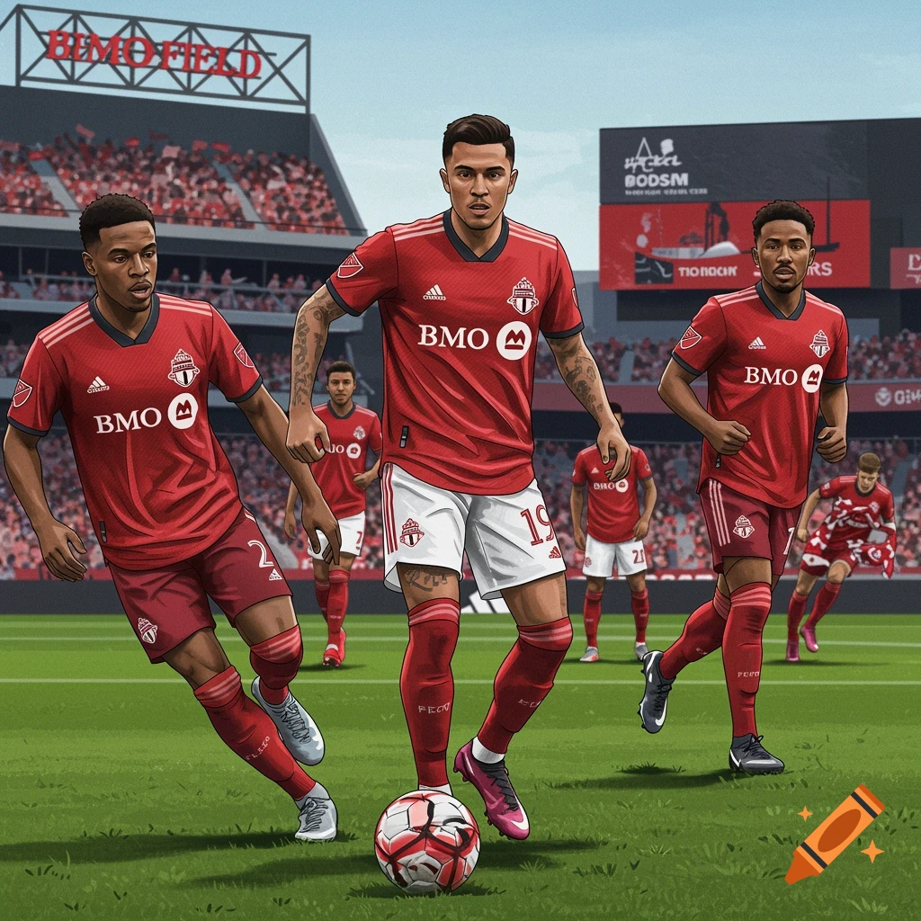 Toronto FC soccer players in action on a field. on Craiyon