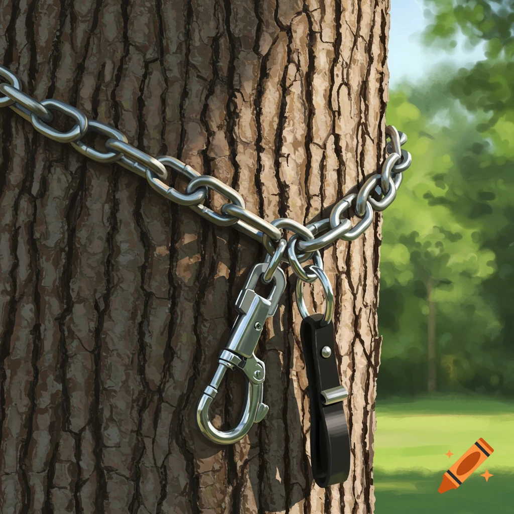 Chain attached to tree and house with quick links on Craiyon