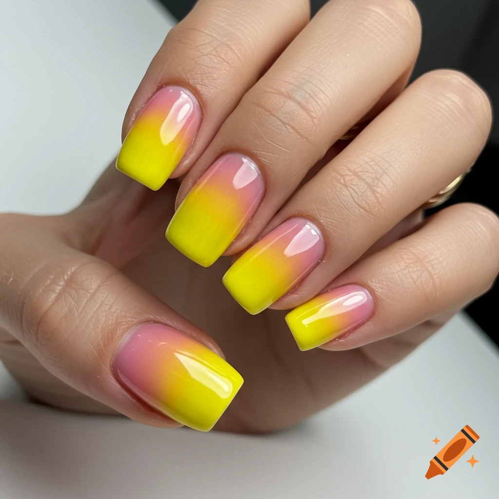 A hand with short square fingernails painted in a yellow and pink ...