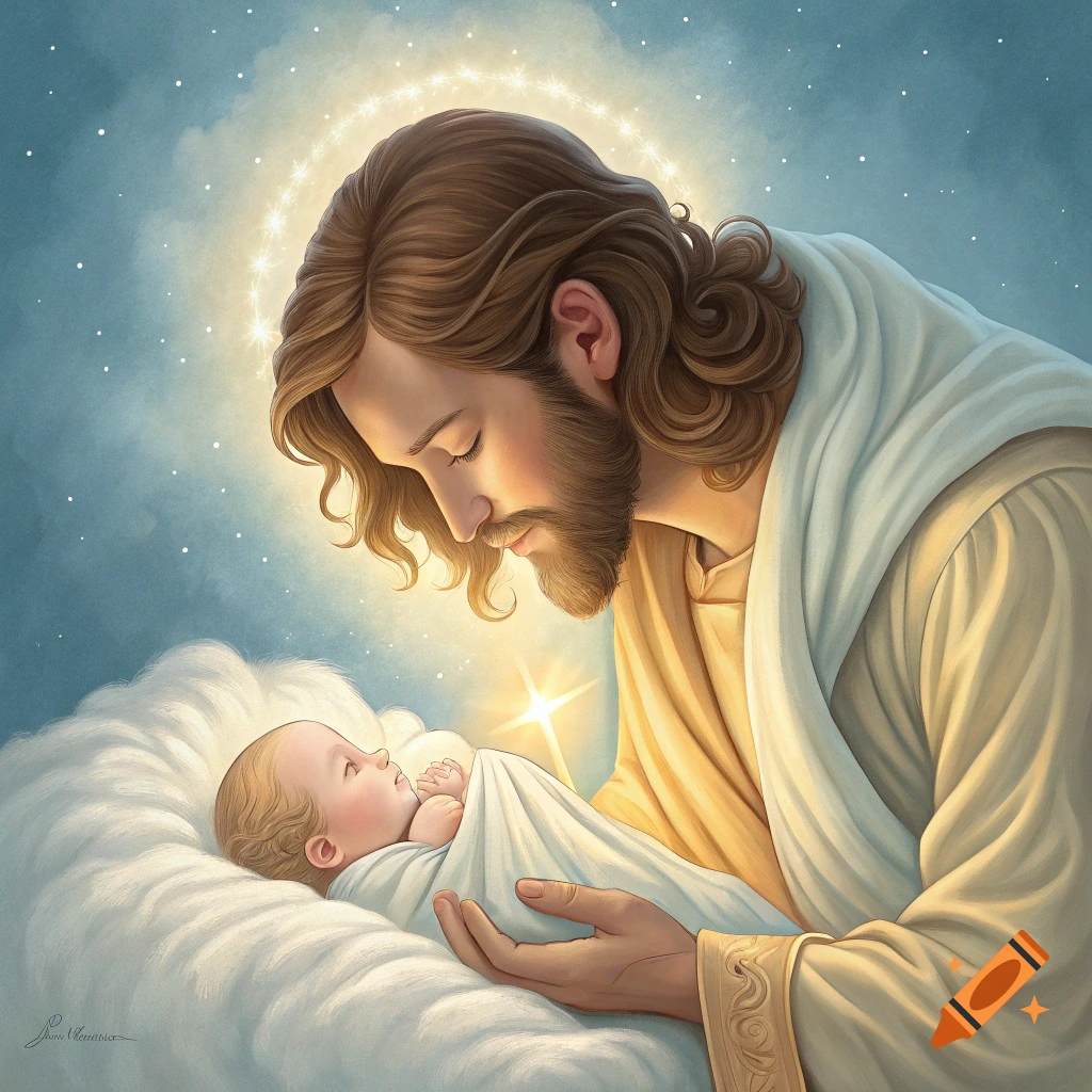 God breathing life into baby, painting on Craiyon