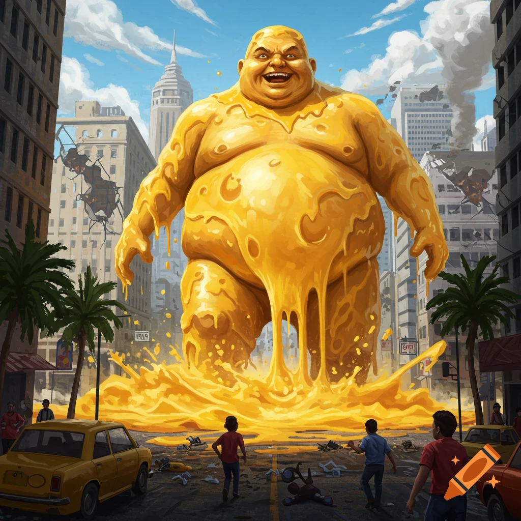 Gigantic fat man covered in queso destroying a city on Craiyon