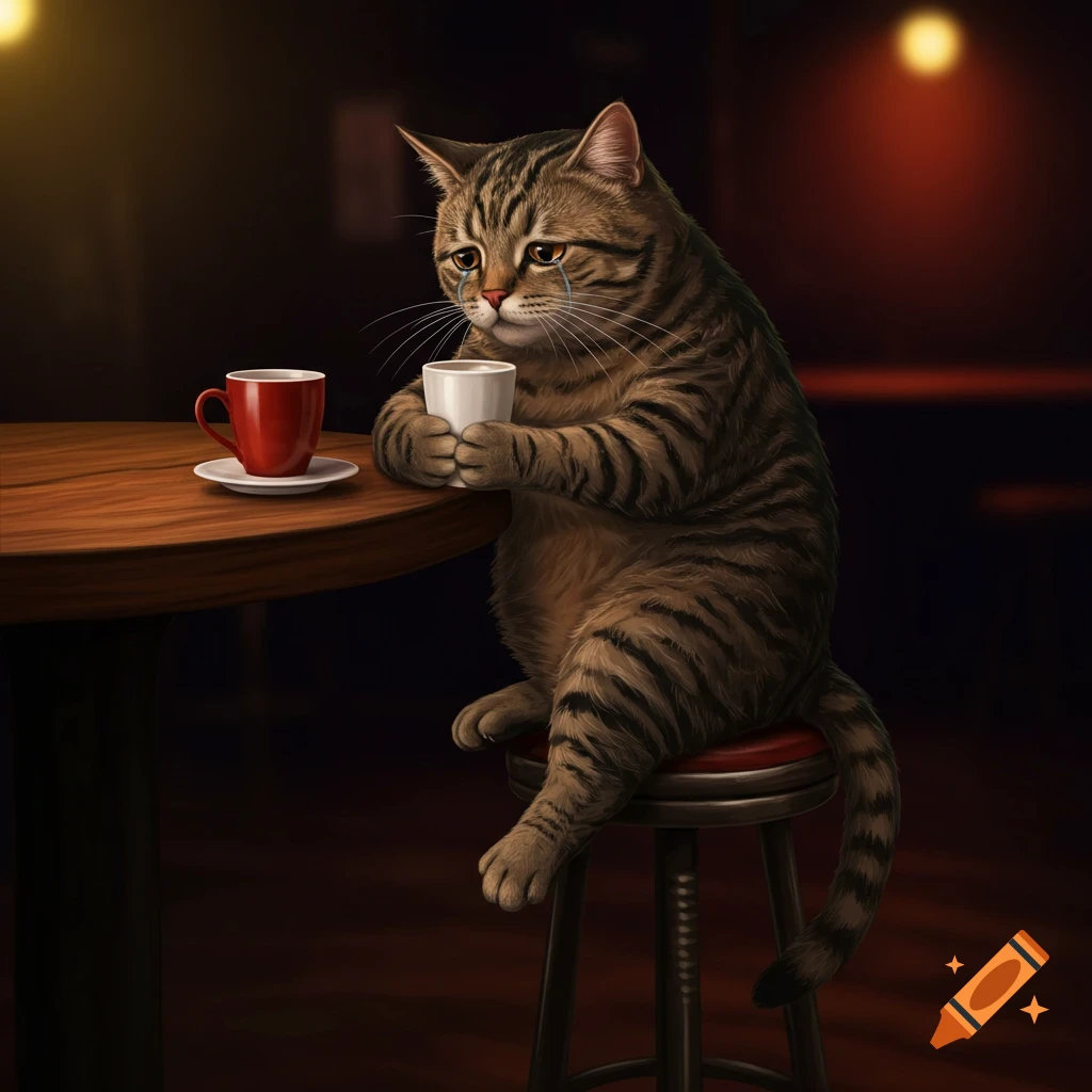 A cute cartoon cat eats a pastry at a table in a brightly lit dance ...