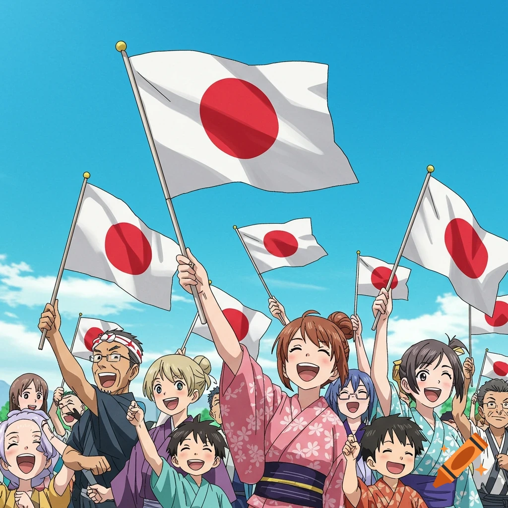 Anime style illustration of people waving Japanese flags under a blue ...