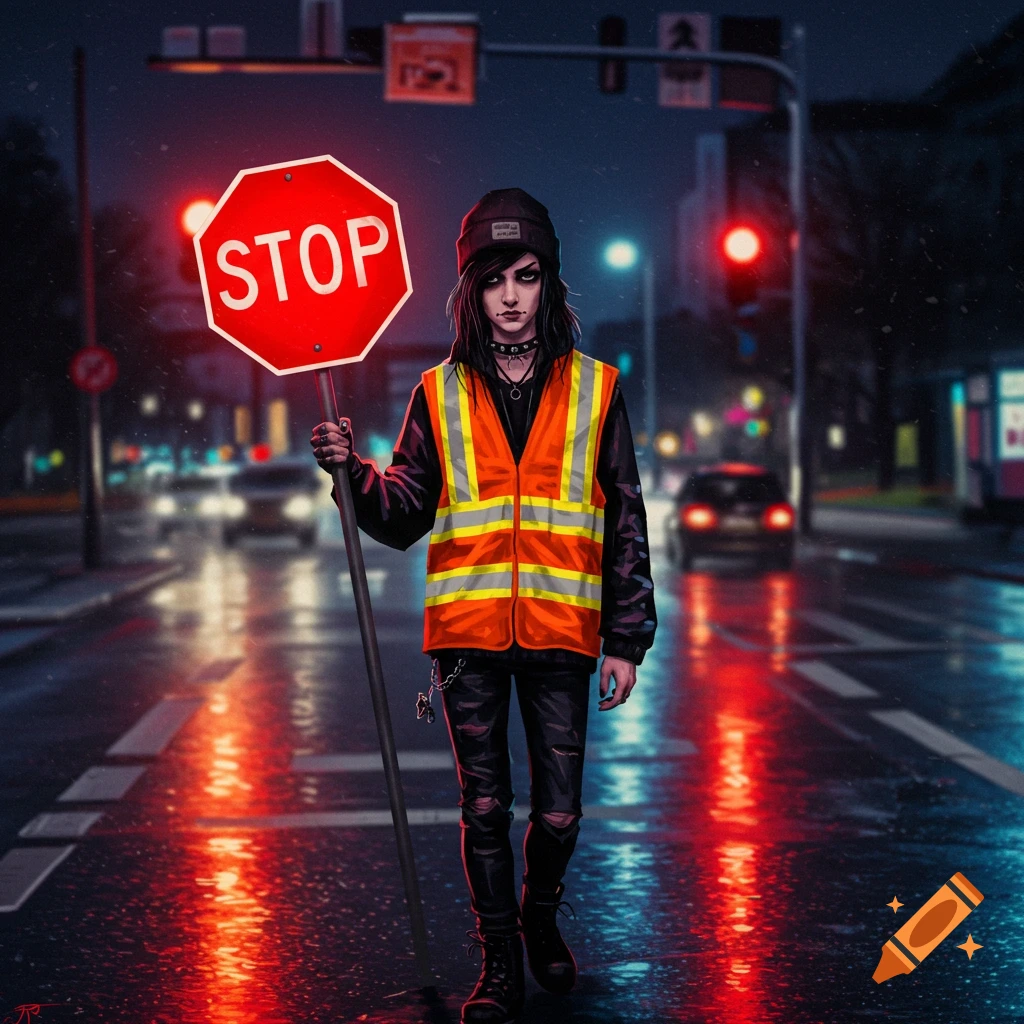 Emo traffic worker holds a stop sign on a wet city street at night on ...