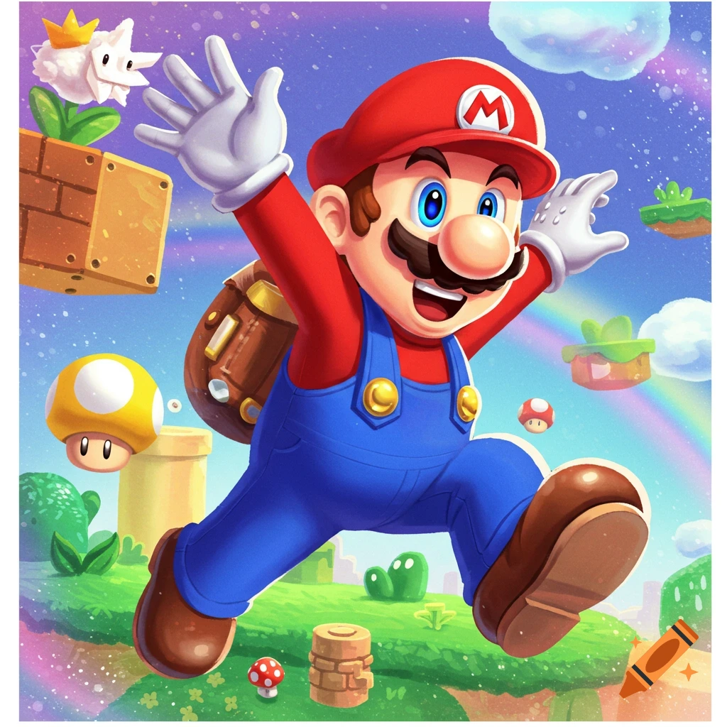 Super Mario jumps in a colorful 3D landscape filled with coins ...