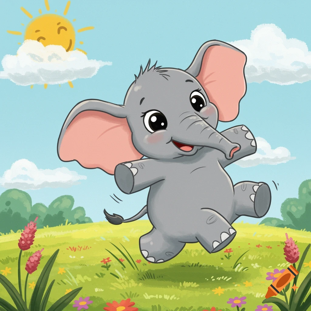 Cartoon baby elephant running and falling on Craiyon