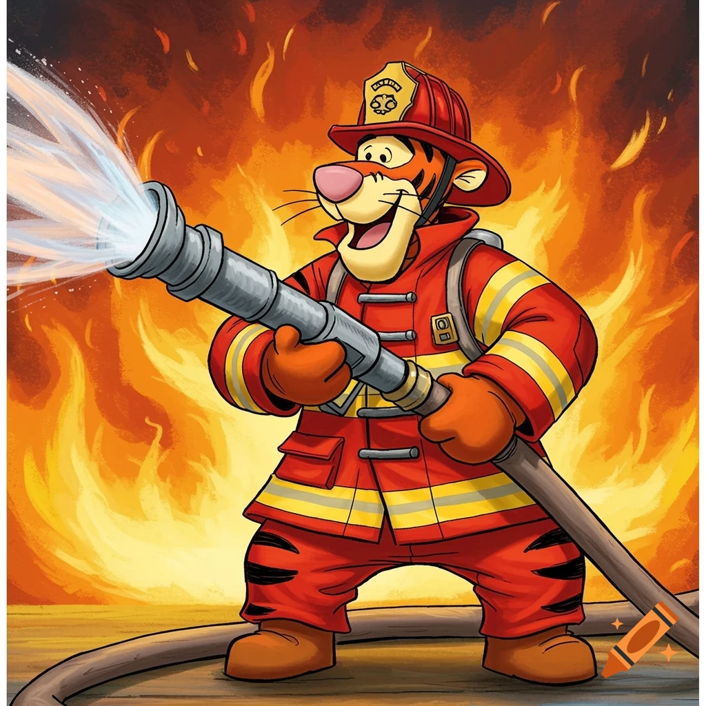 Muscular Porky Pig dressed as a fireman fighting a fire with a hose on ...