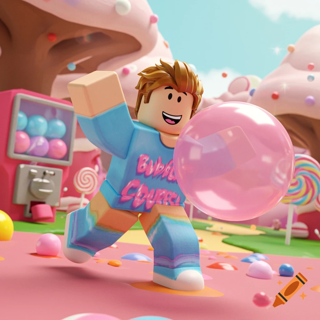 Roblox-style character holding a large pink bubble gum bubble in a ...