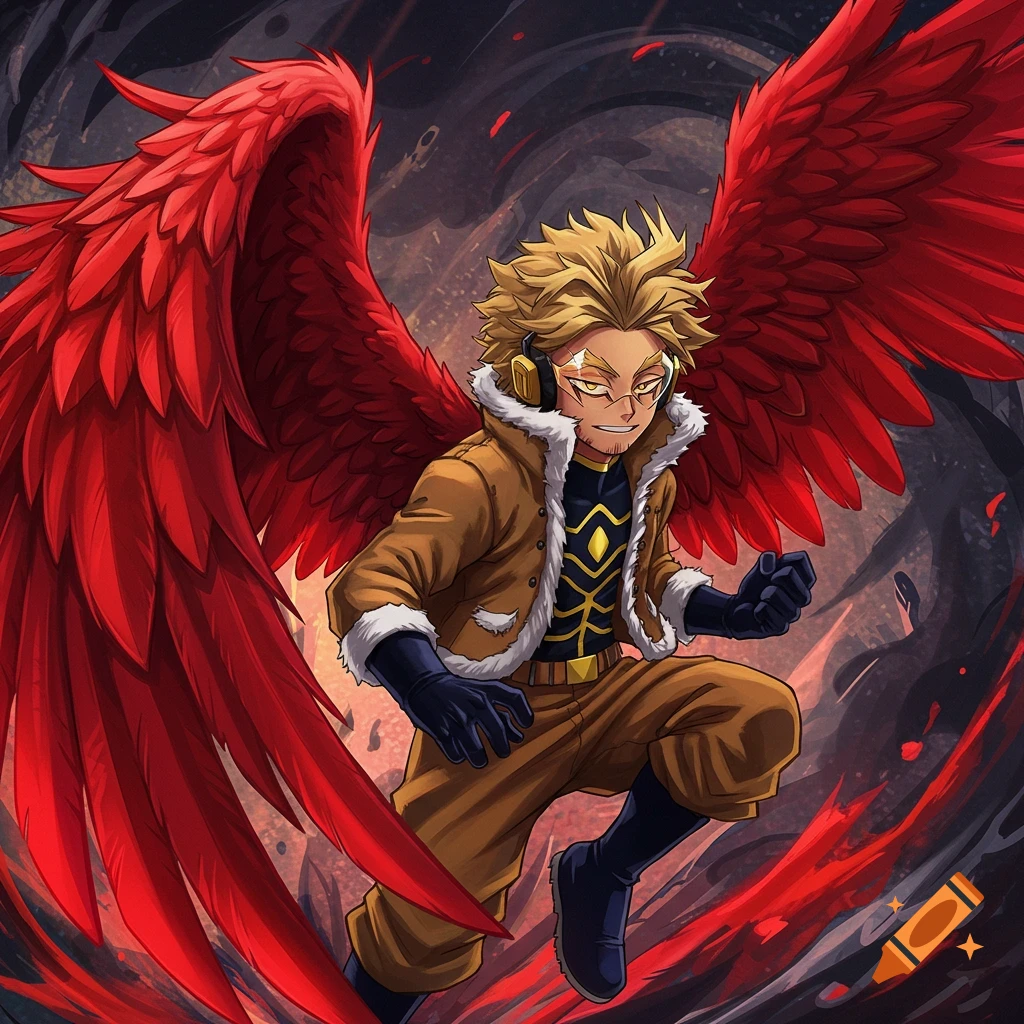 Anime character Hawks with large red wings flying over a city at sunset ...