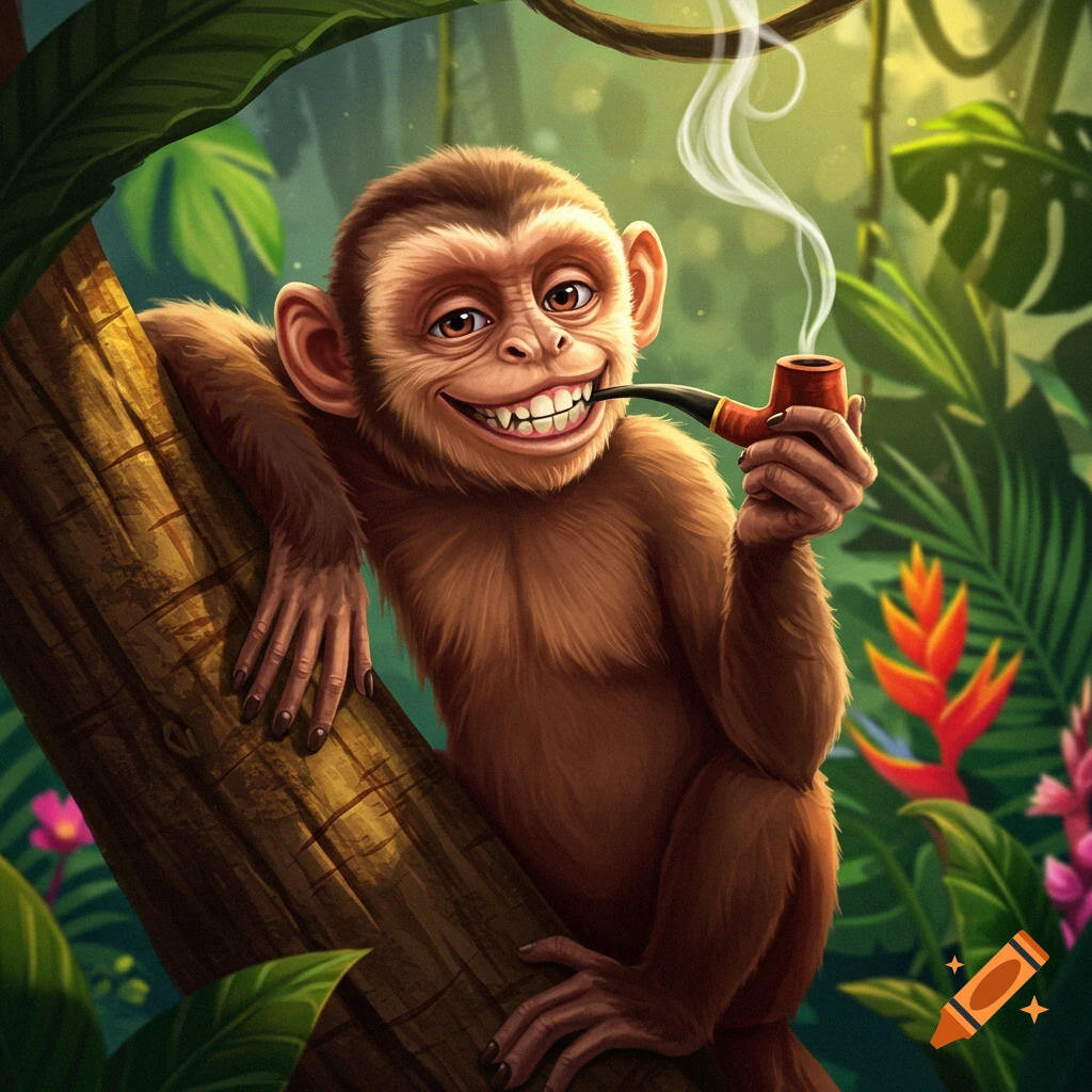 A smiling monkey sits in a tree, smoking a pipe. on Craiyon