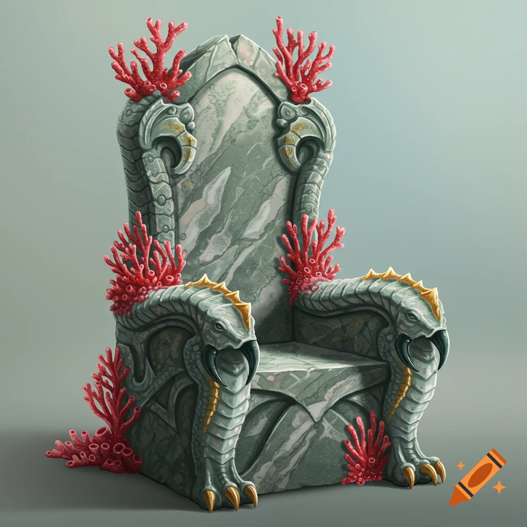 Marble throne with coral, gold, and mother of pearl, sea-beast arms on ...