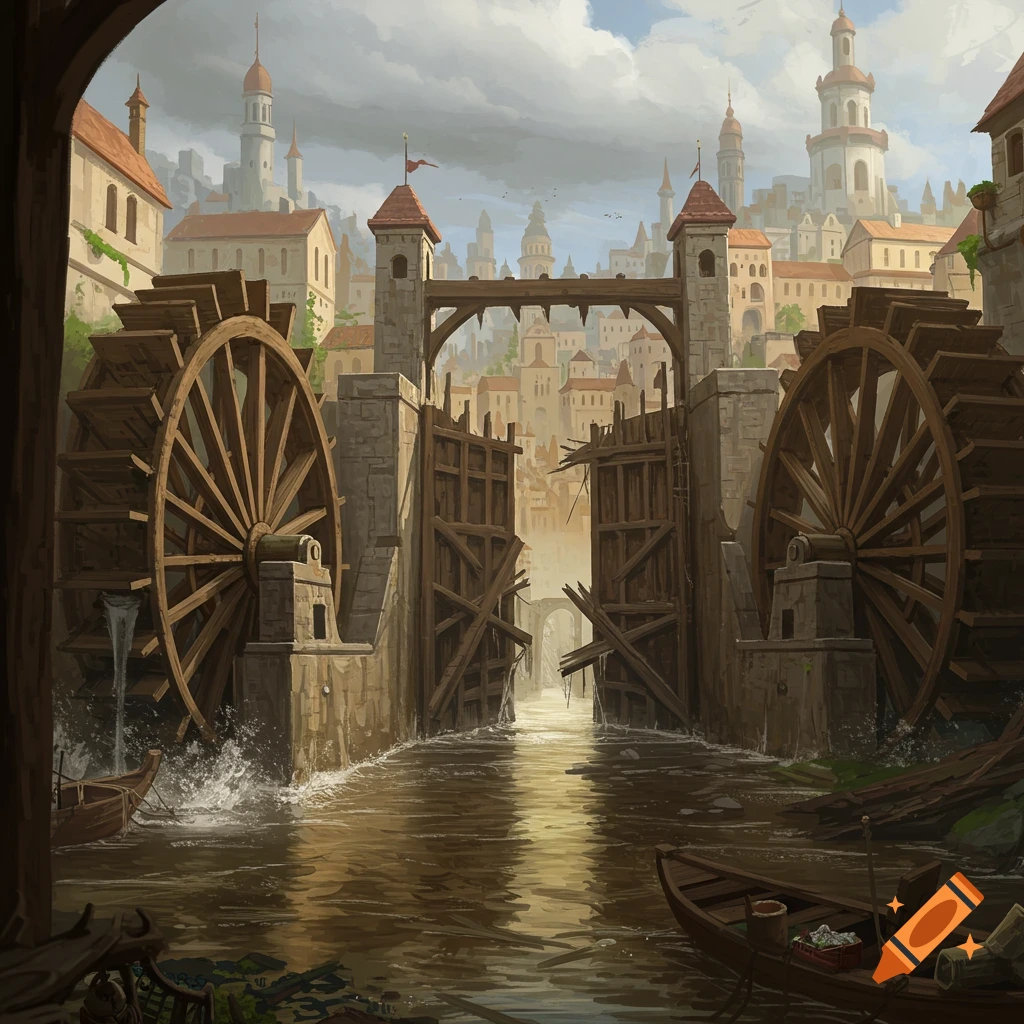 Fantasy city on a river with large wooden waterwheels and a broken ...