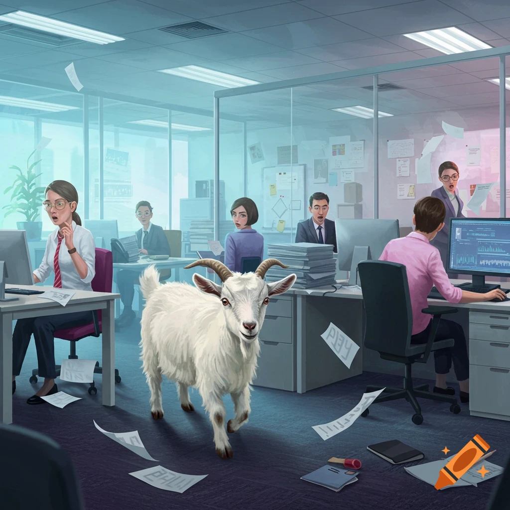 A goat walks through an office while startled workers look on. on Craiyon