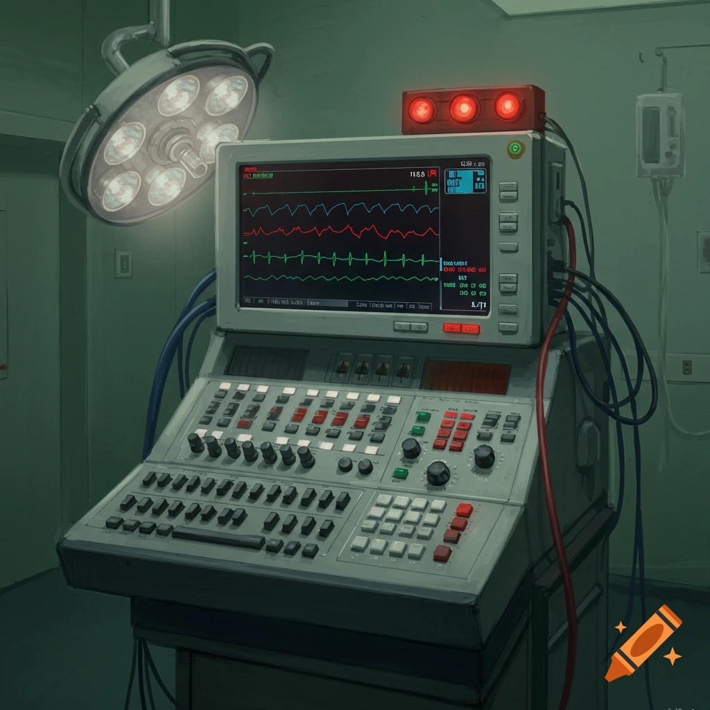 A medical monitor displays vital signs above a large control console in ...