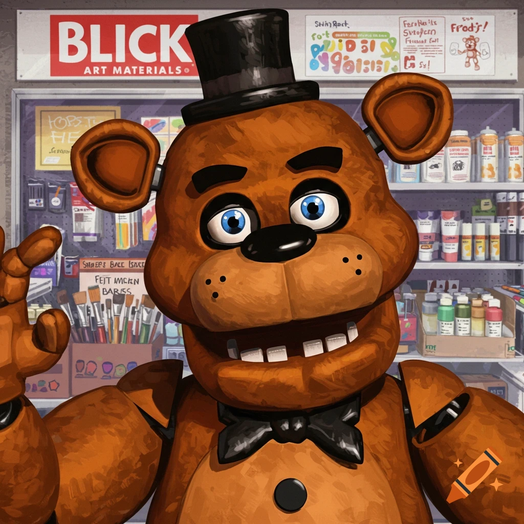 Cartoon drawing of FNAF nightguard running from Freddy Fazbear on Craiyon