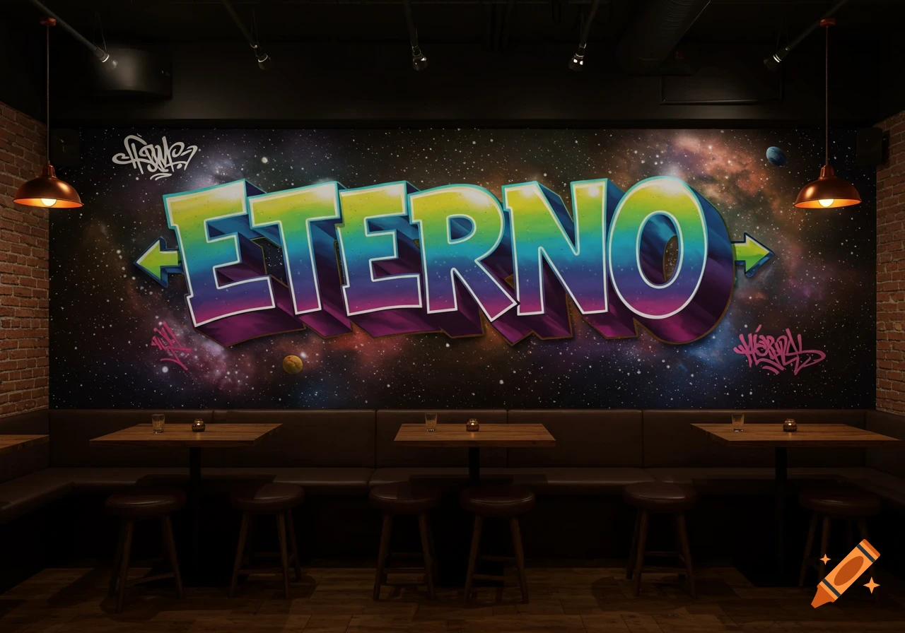 Neon urban graffiti with 3D 'ETERNO' text and galaxy background on Craiyon