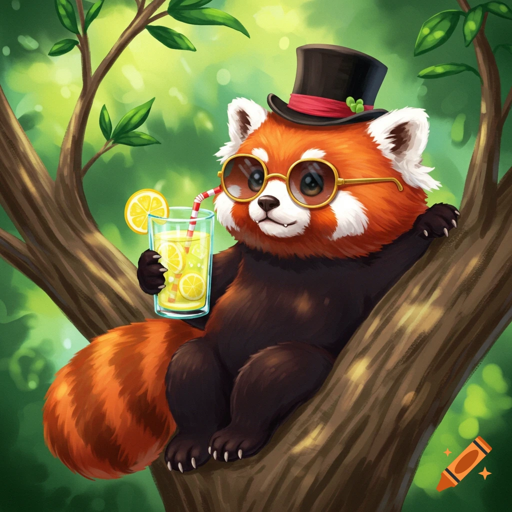 Red panda wearing a top hat and sunglasses drinking lemonade in a tree on Craiyon