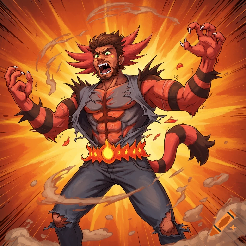 Image of a man transforming into the Pokemon Incineroar. on Craiyon