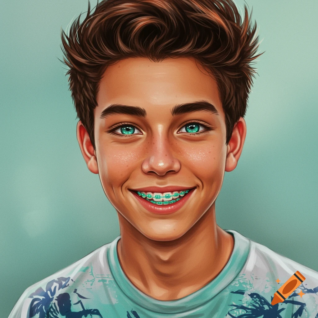 15 year old male with tan skin, dark brown hair, green eyes, and teal ...