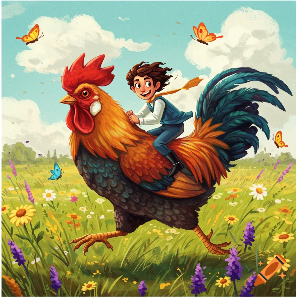 Cute illustration of a panda and a rooster touching noses in a field of ...