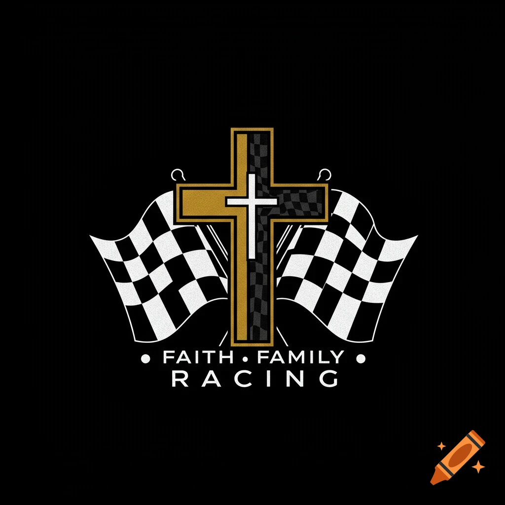 Logo with cross, checkered flags, and text Faith Family Racing on Craiyon