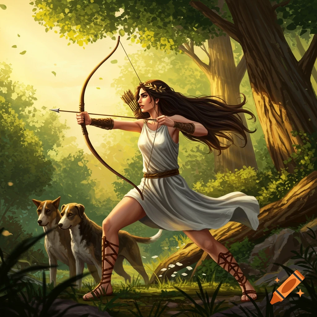 Artemis, goddess of the hunt, stands with bow and deer in a forest ...