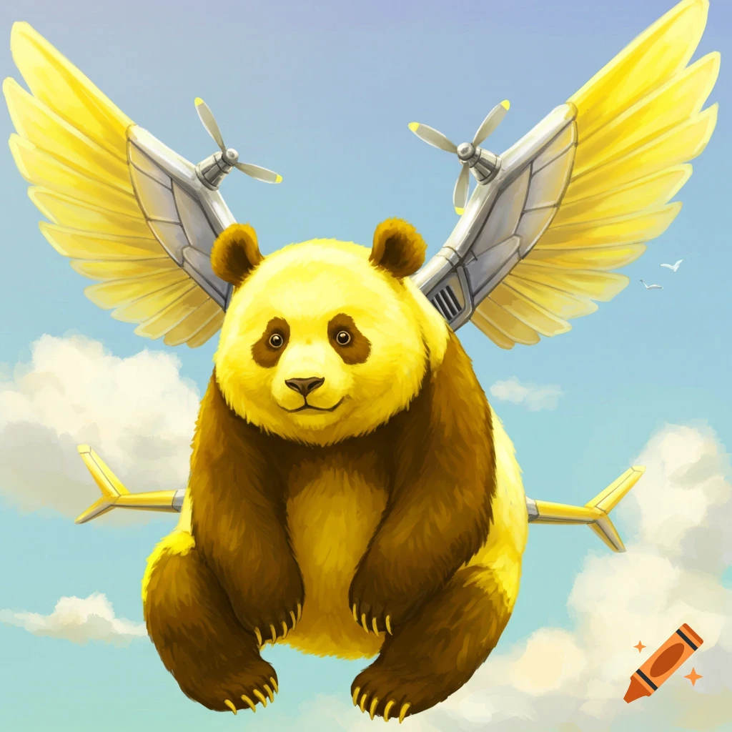 A yellow panda flying with airplane wings in the sky. on Craiyon