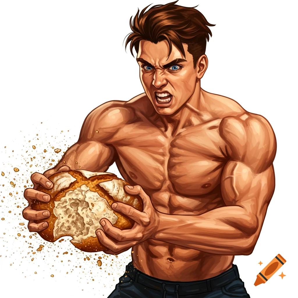 A muscular man aggressively breaking a loaf of bread. on Craiyon