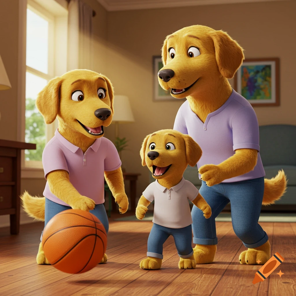 Cartoon dog dribbling basketball with his mom on Craiyon