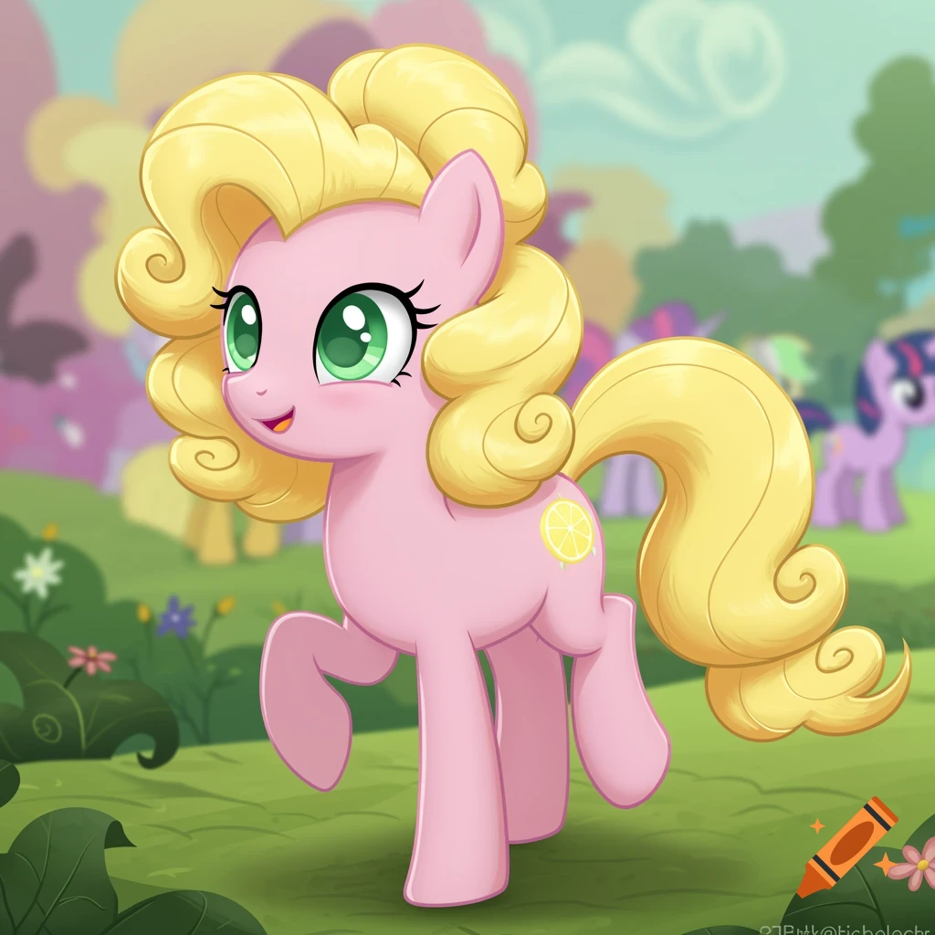 Pink My Little Pony character with yellow curly mane in a meadow on Craiyon
