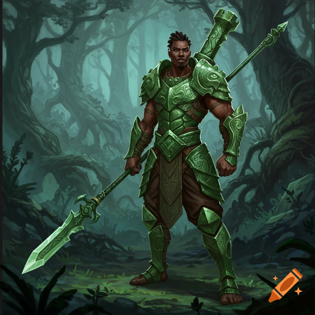 A man in elaborate green jade armor stands holding a long spear in a ...