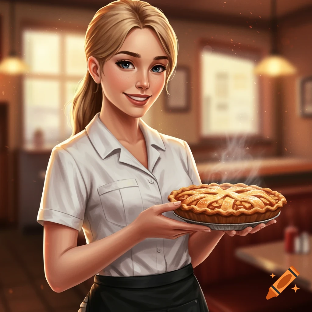 Waitress holding a pie. on Craiyon