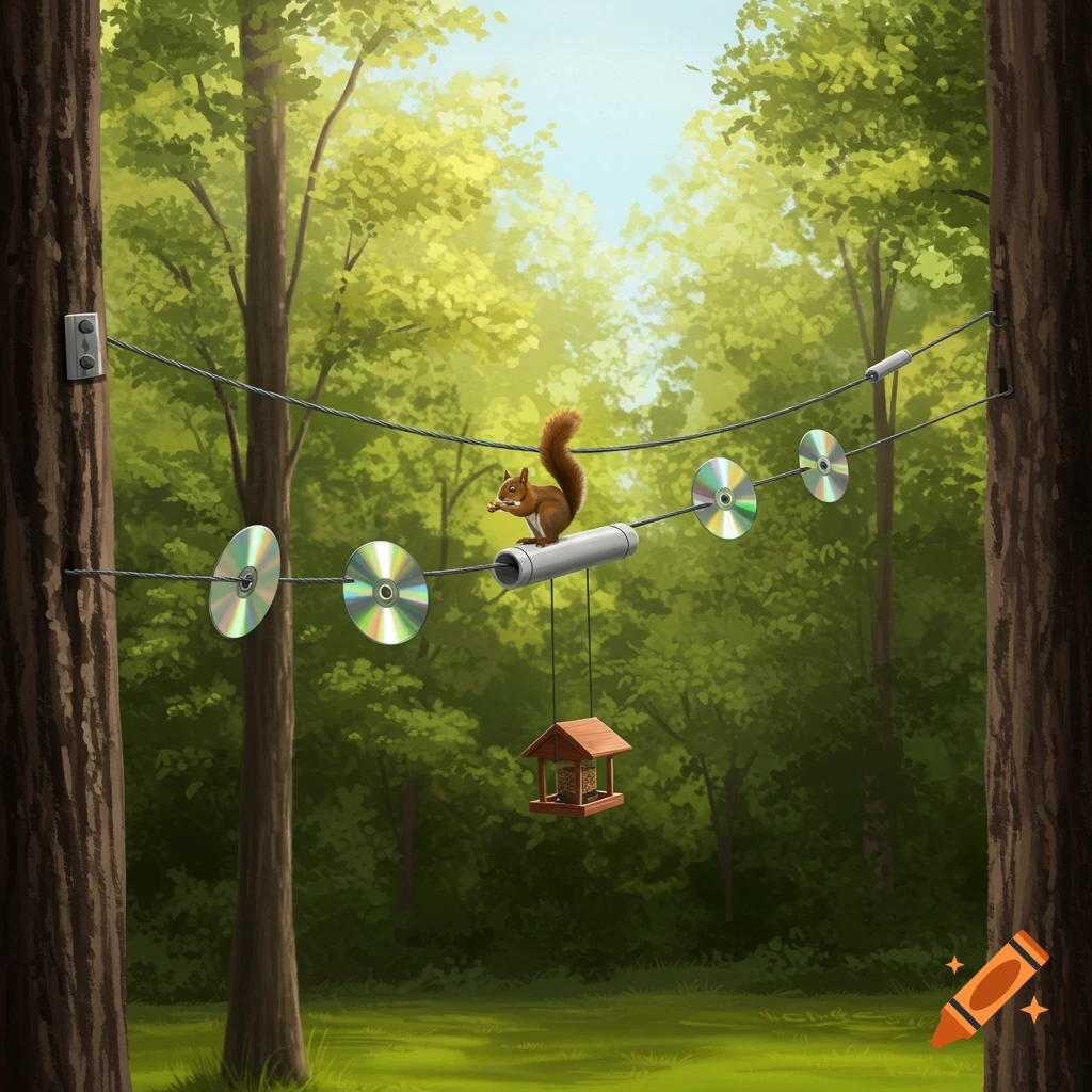 A squirrel walks on a cable between trees, equipped with CDs and pipes ...