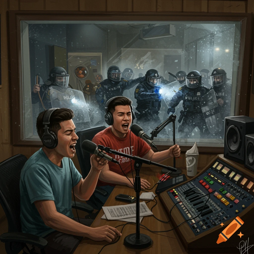 Three men recording a podcast with police raid outside on Craiyon