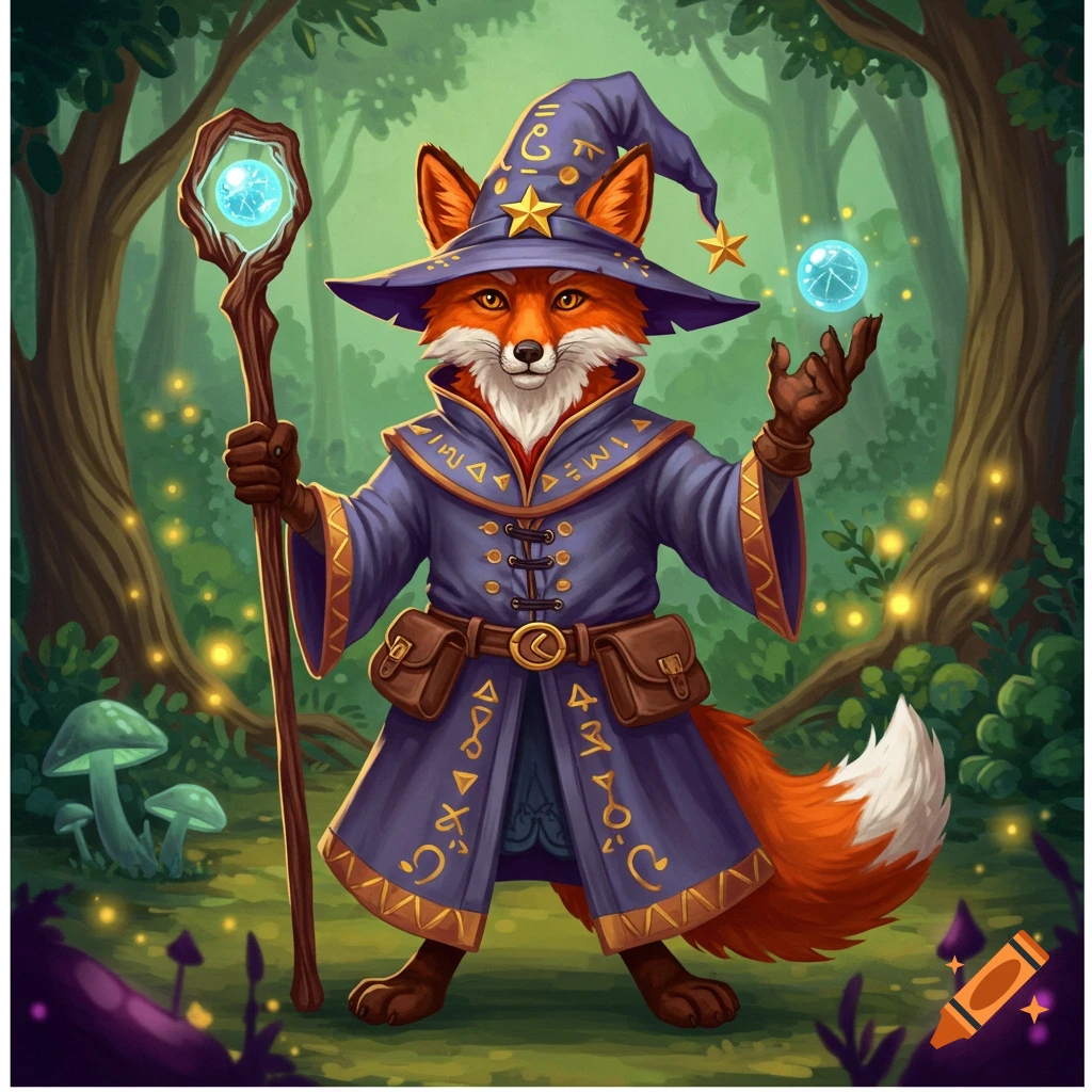Orange fox dressed as a wizard apprentice with a blue and purple hat ...