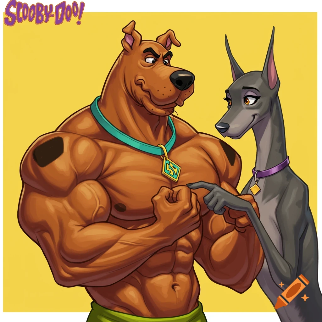 Muscular Scooby-Doo flexing bicep, female dog touches arm, digital art style. on Craiyon