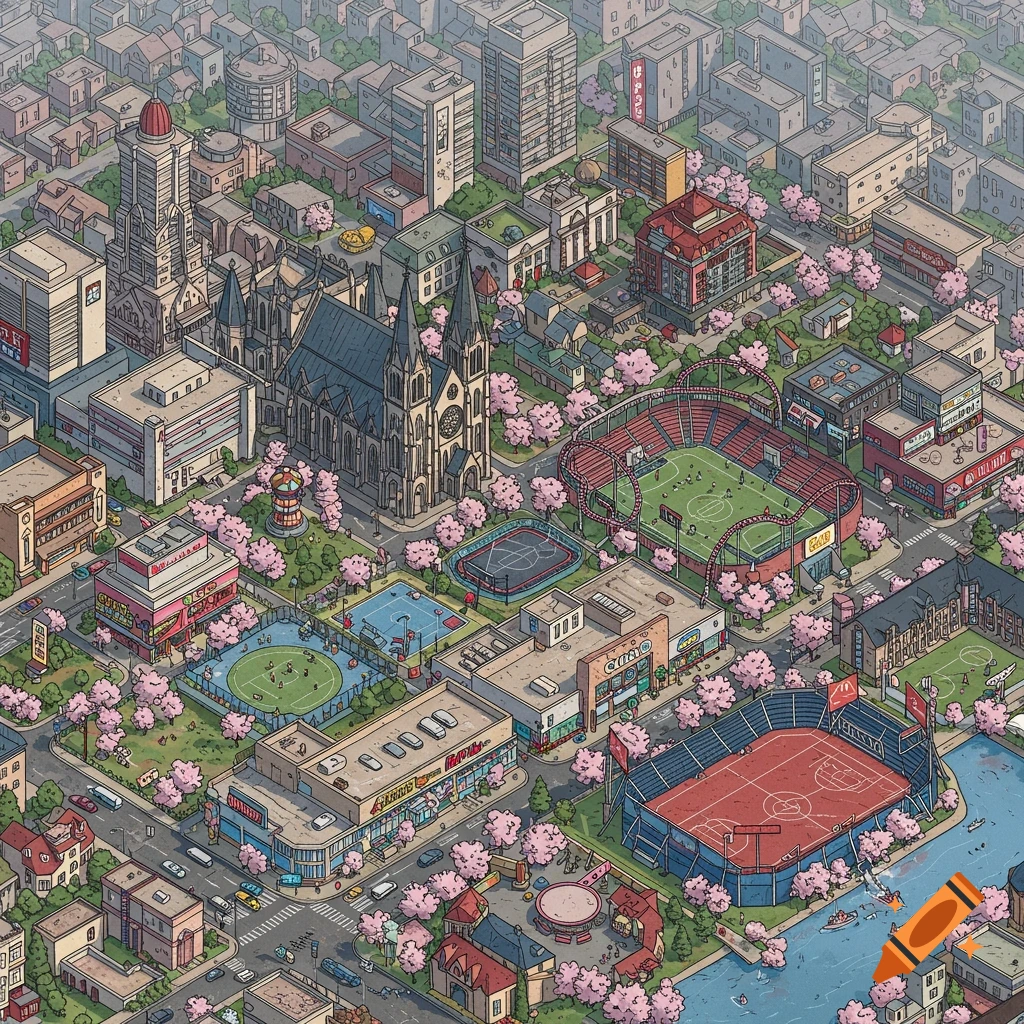 Eagle view of Paris-like city with various buildings and roads on Craiyon