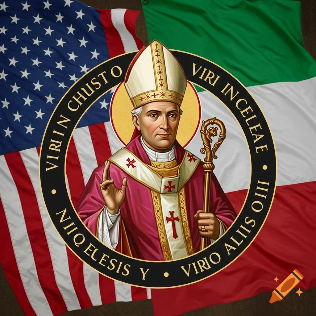 Bishop Ambrose with American and Italian flags and Latin text on Craiyon