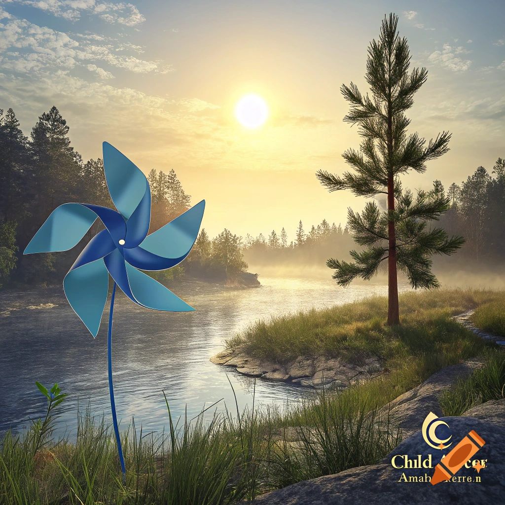 Blue pinwheel for child abuse awareness with river, pine tree, and sun ...
