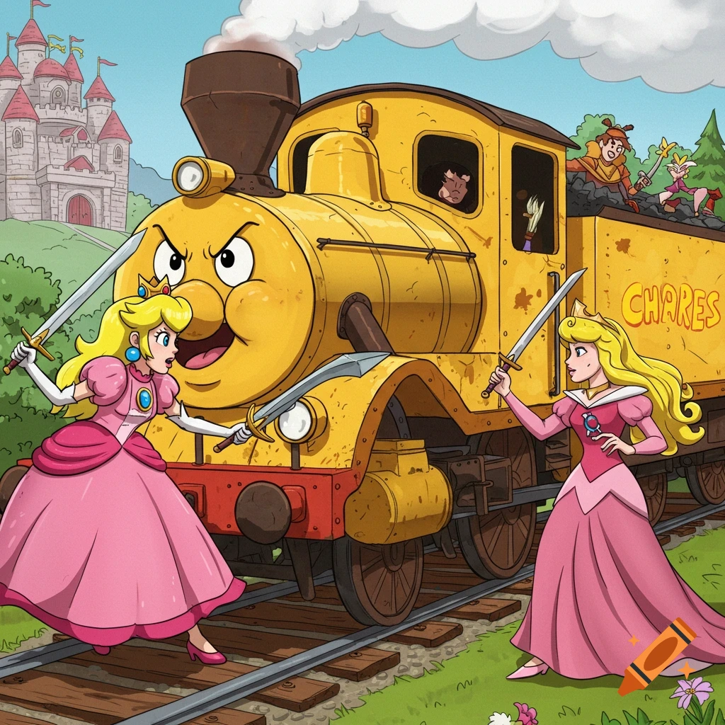 Princess Peach and Princess Aurora fighting Choo Choo Charles on a ...