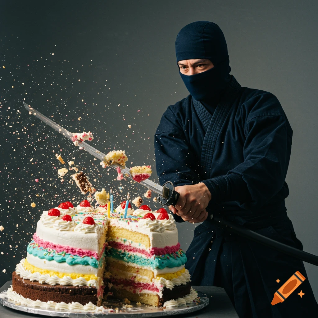 Ninja slashing birthday cake with sword on Craiyon