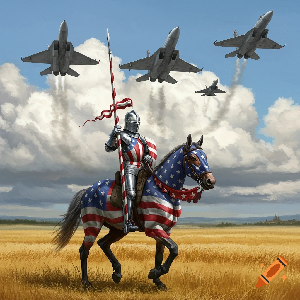 Medieval knight in American colors riding a horse with fighter jets ...