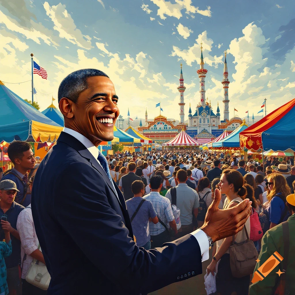 Illustrative image of Barack Obama running in a city with other people ...