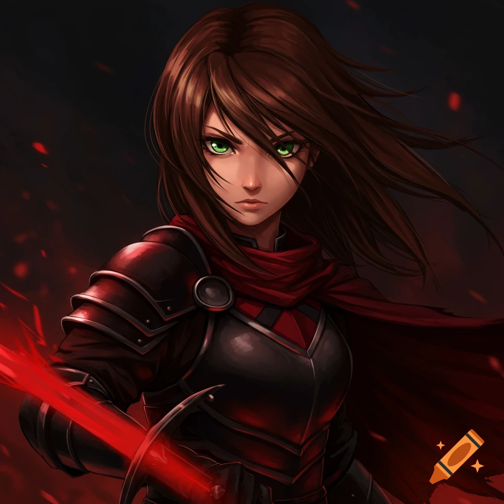 Anime-style warrior girl with brown hair, green eyes, and a red and ...