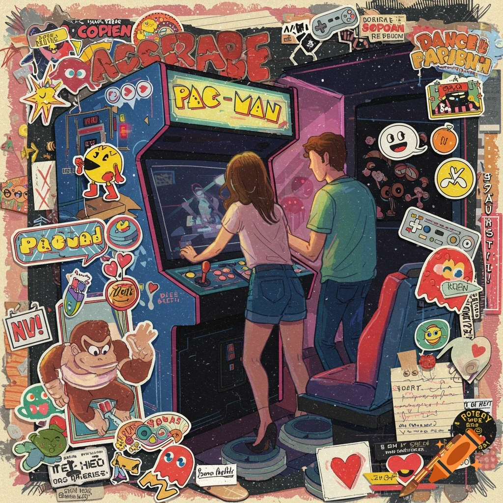 Arcade date scrapbook page with stickers and doodles on Craiyon