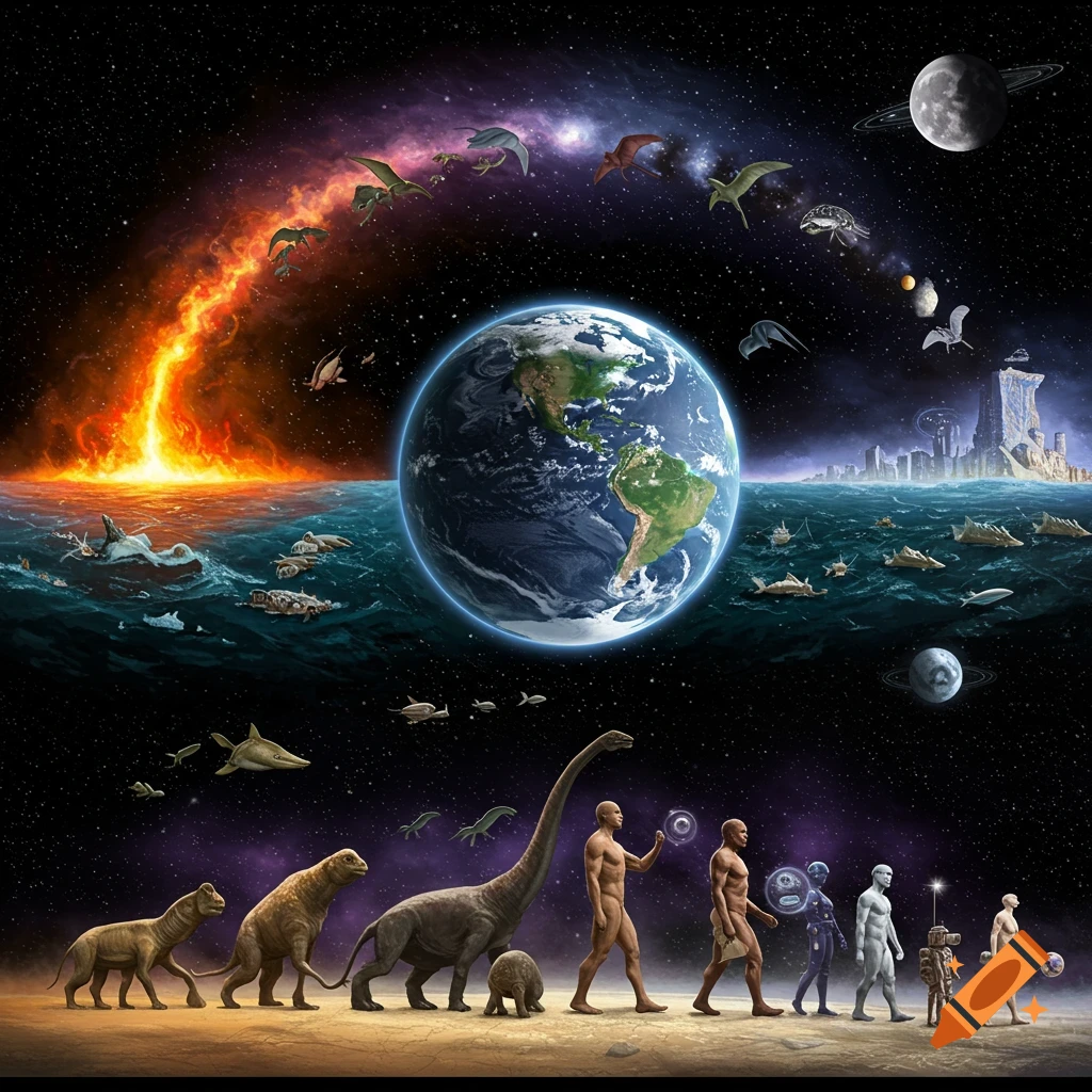 Showing the evolution of life from dinosaurs to humans and futuristic beings, with Earth and ...