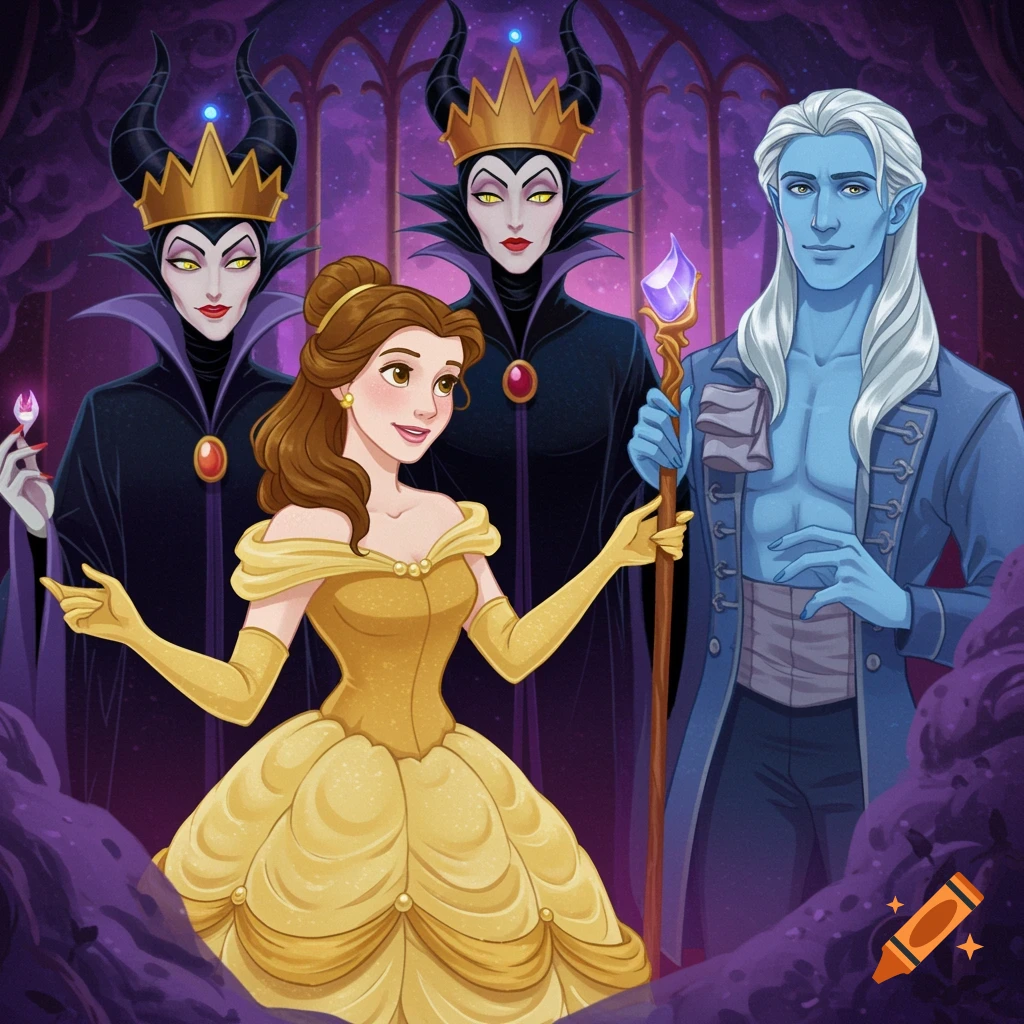 Disney characters Belle, Maleficent, the Evil Queen, and a blue man in ...