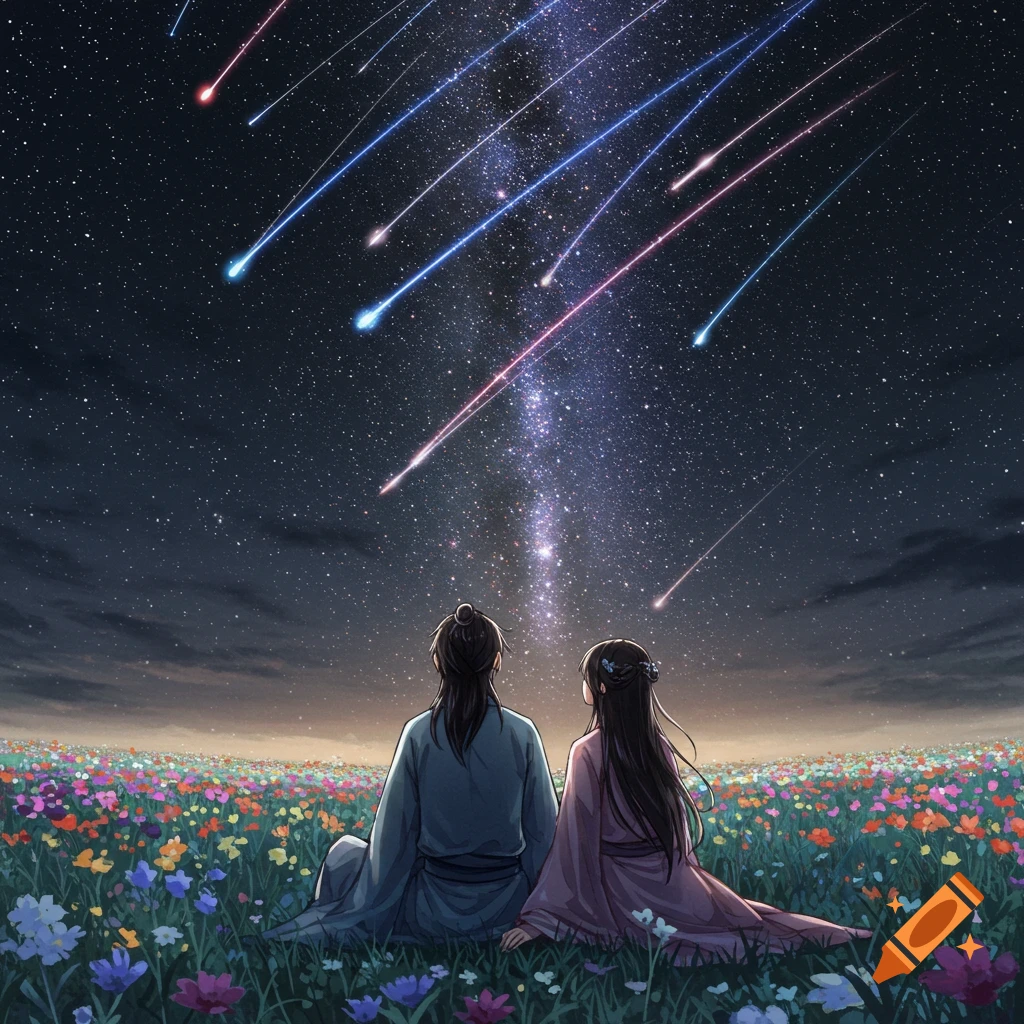 A couple sits in a field of flowers, watching a meteor shower under a ...